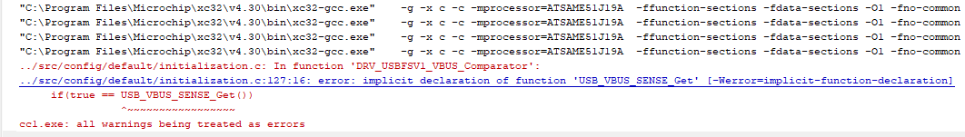 Compile error after generating code in MCC for USB CDC device
