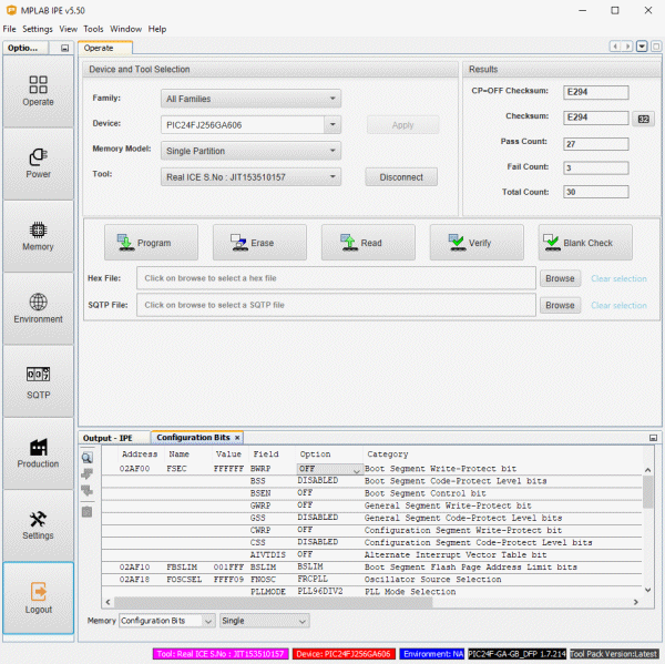 how to read in an existing device and change its config bits?