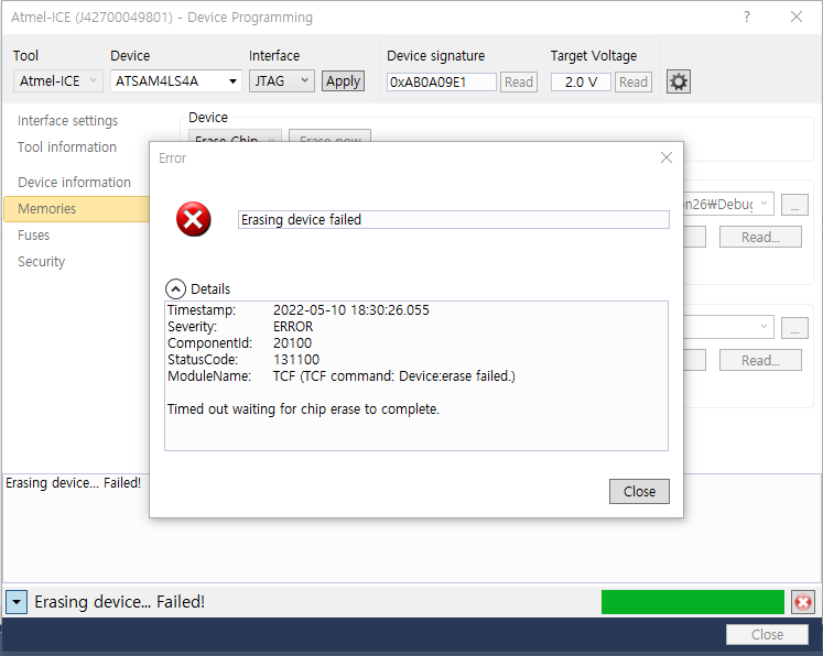 ATSAM4LS4A ERROR:Failed to write segment at 0x0 to target for memorytype base